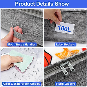 punemi 100L Under Bed Storage Containers, Extra Large Foldable Underbed Zipper Storage Bag For Blankets Clothes Comforters Organizer, Fabric Long Flat Storage Bins With Lids For College Dorm, 4 Pack