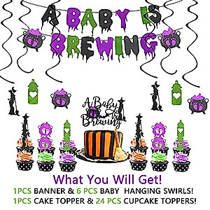 Aisosiks A Baby is Brewing Halloween Baby Shower Decorations with A Baby is Brewing Banner, Cake Topper, 24pcs Cupcake Toppers and Hanging Swirls for Halloween Baby Shower Party Decorations