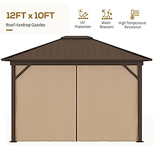 Outsunny 10' x 12' Hardtop Gazebo Canopy with Galvanized Steel Roof, Aluminum Frame, Permanent Pavilion with Top Hook, Netting and Curtains for Patio, Garden, Backyard, Deck, Lawn, Brown