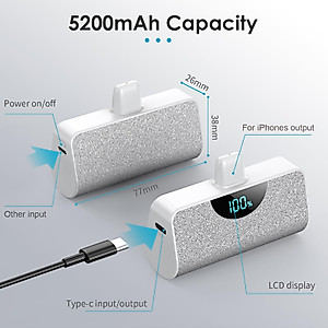 Pxwaxpy Small Portable Charger for iPhone 5200mAh, Compact 20W PD Fast Charging Power Bank, LCD Display Battery Pack Phone Compatible with 14 Pro Max/14/13/12/11/XR/X/8/7/6 (White) (HX45K8)