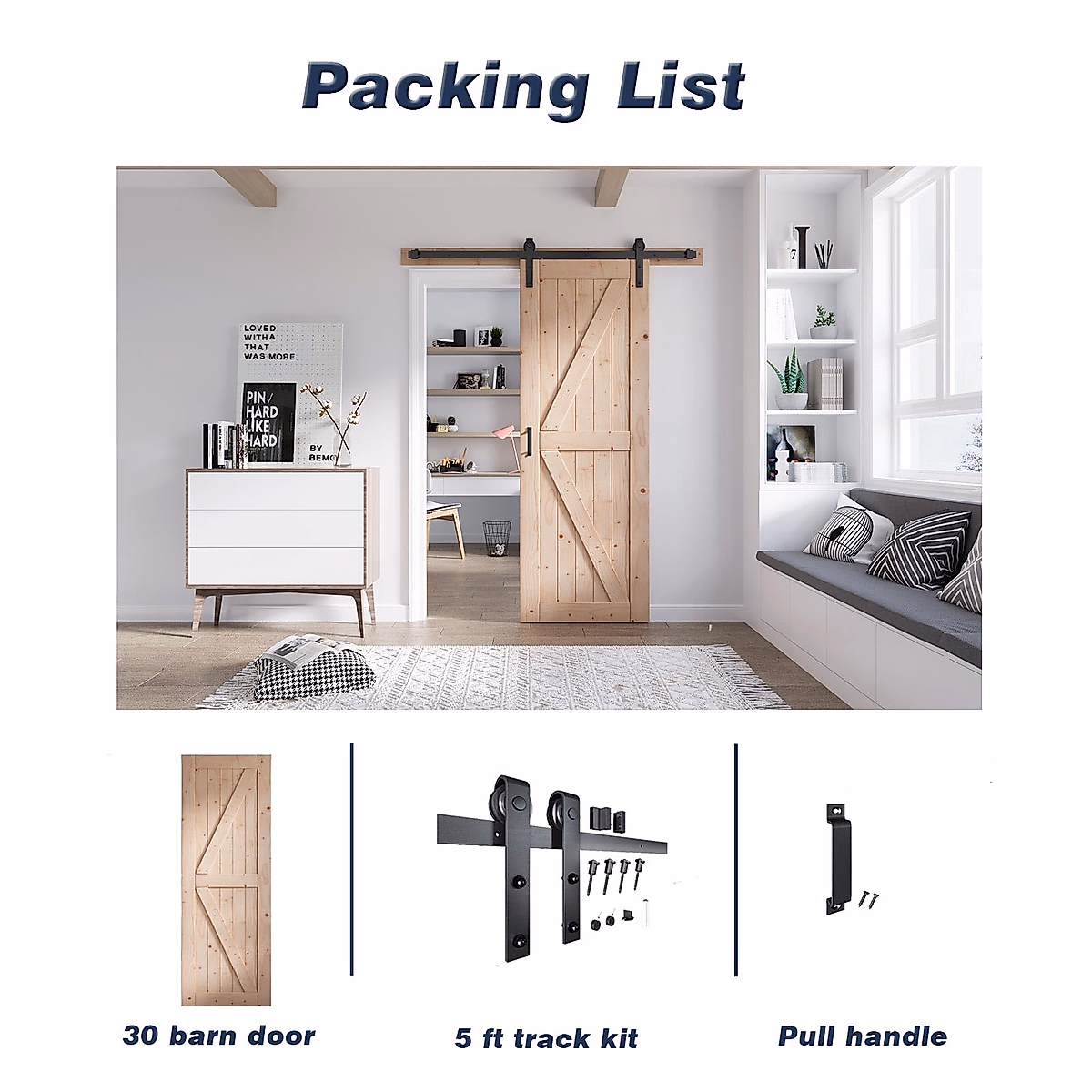 FREDBECK 30in x 84in Sliding Barn Door with 5FT Barn Door Hardware Kit Included K Shape Solid Spruce Wood Panel Need to Assembly