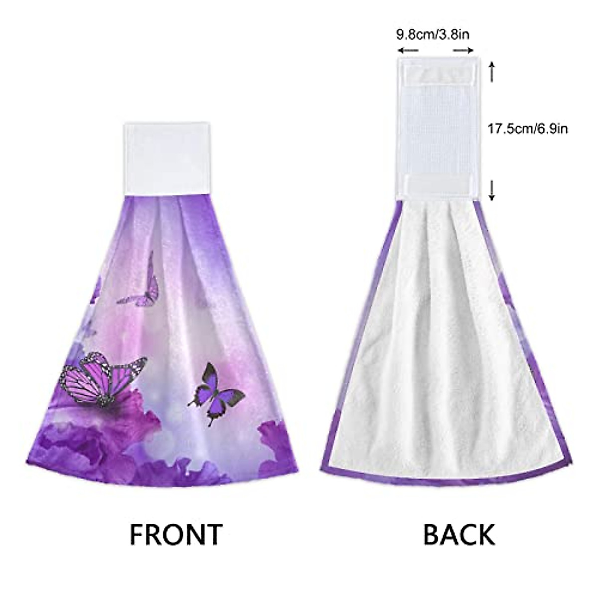 Kigai Purple Butterfly Hanging Tie Towels Set of 2, Absorbent Hand Towels Tea Bar Dish Dry Towels for Kitchen Bathroom Home Decor, 14 x18.2 inch