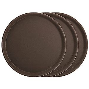 TOPZEA 3 Pack Non-Slip Serving Tray, 11 Inch Fiberglass Small Server Tray Bar Tray, Round Cafeteria Tray Food Tray for Coffee Table, Drinks, Restaurant, Coating with Rubber Surface, Brown