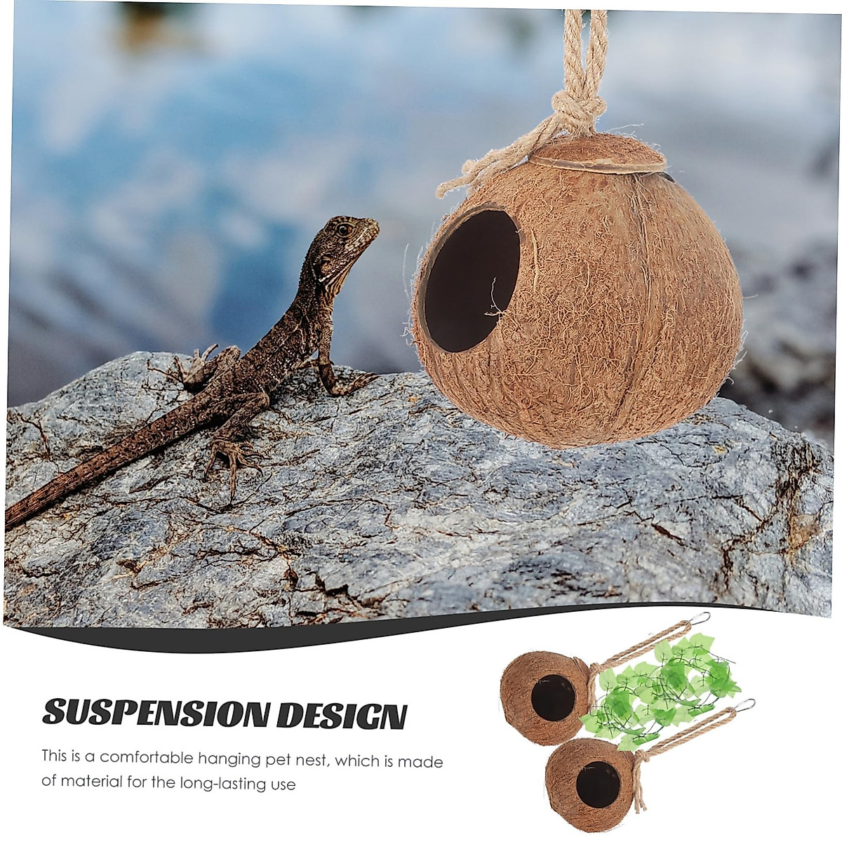 TEHAUX 4pcs Lizard Coconut Nest Pet House Natural Pigeon Bird House Crested Gecko Hide Parrot Cage Cages Bird Hut Pet s Coconut Shell Reptile Pet Nest Bird Cage Rope Hamster