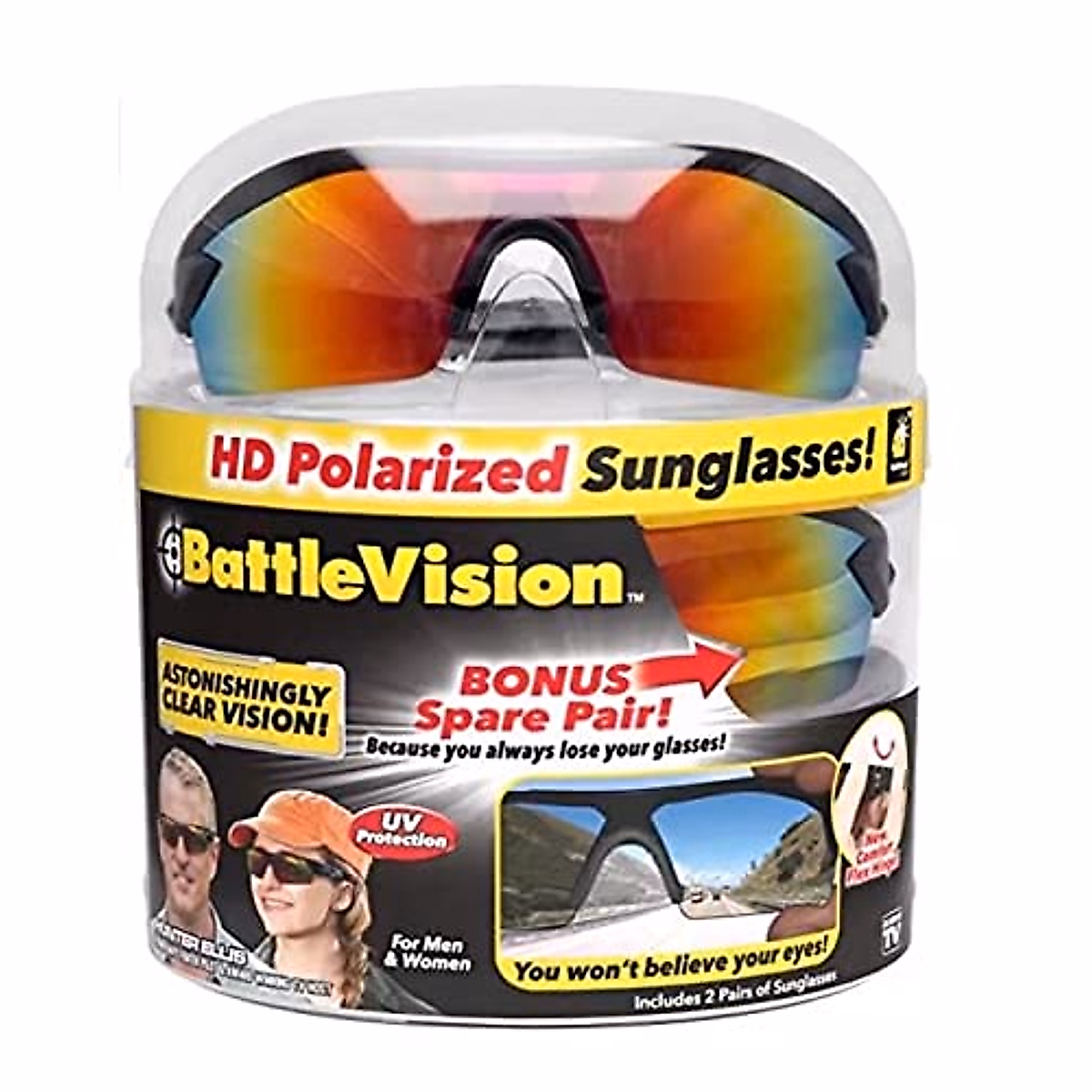 BattleVision Sunglasses As Seen on TV HD Polarized 2 Pairs, Eliminates Glare, Optimize Light & Block Blue Rays, Unisex, Black, One Size