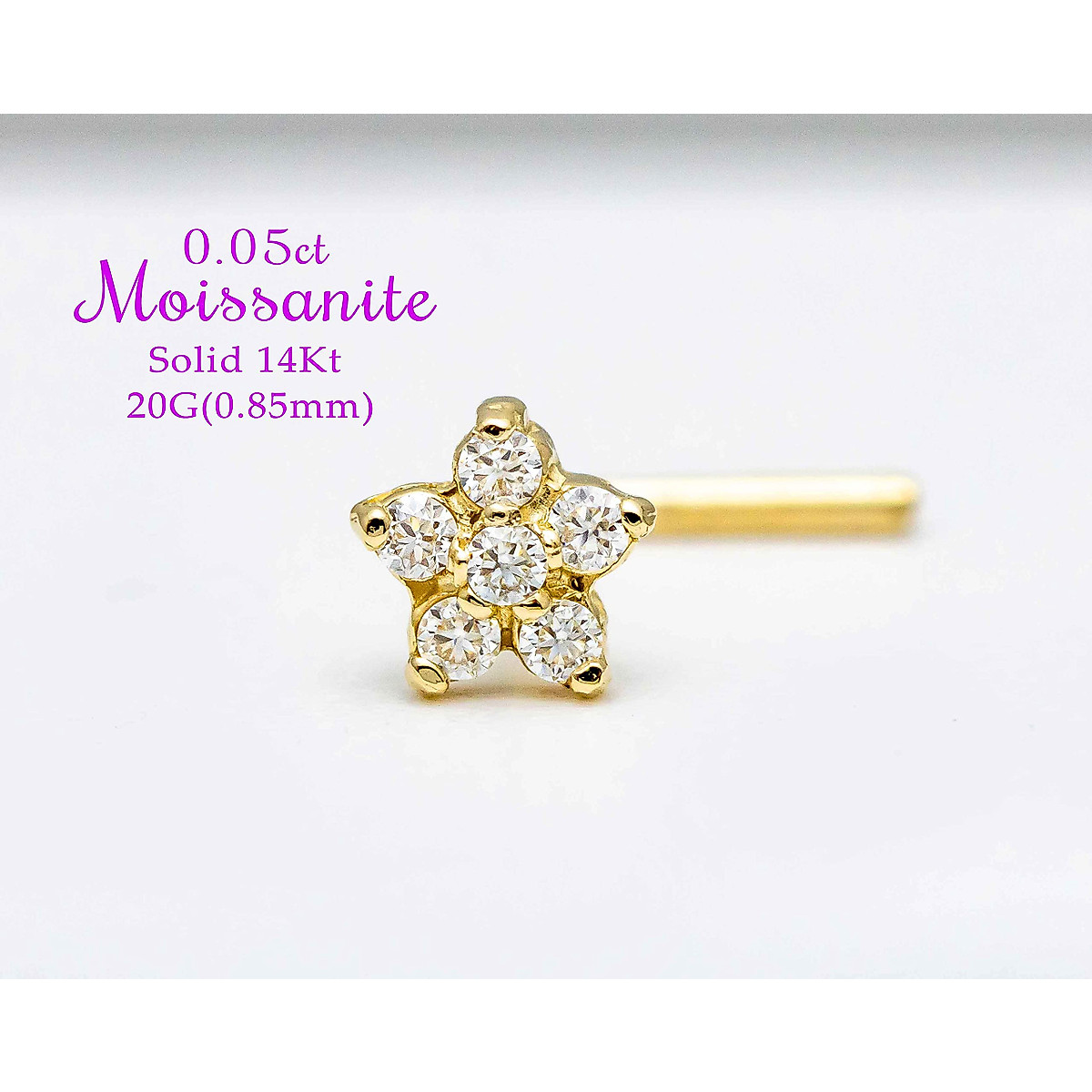 14K Yellow Gold 20G L-shape Flower Nose Stud with 0.05ct Moissanite Gemstones - April Birthstone Nose Ring - FLMNT-LSYG