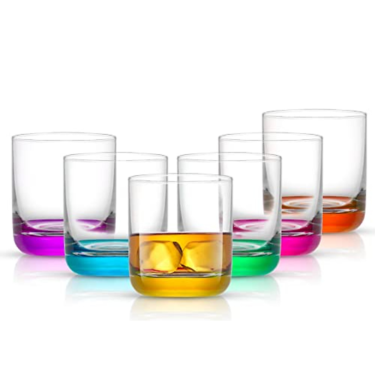 JoyJolt HUE Colorful Whiskey Set. 6pc Bar Glasses, 10oz Drink Glasses. Double Old Fashioned Glass - Modern Whiskey Glass Set, Low Ball Glasses, Tumbler Cocktail Glasses, Whiskey Glasses.