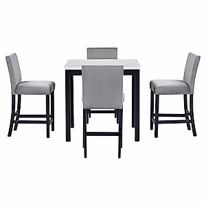 Merax Dining Table Set for 4, Counter Height Dining Table Set with Faux Marble Dining Table and 4 Upholstered-Seat Chairs, 5 Piece Dining Room Table Set for Kitchen and Living Room Furniture, Gray