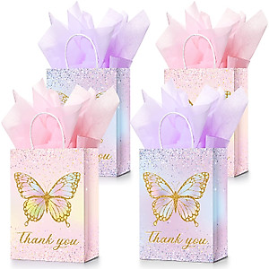 16 Set Butterfly Party Favors Gift Goodie Bags with Tissue Paper, Pink Purple Flowers Treat Candy Bags Small Floral Paper Bags with Handles for Kids Girl Butterfly Birthday Party (Glitter Style)