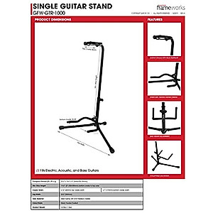 Gator Frameworks Adjustable Guitar Stand, Holds Single Electric or Acoustic Guitar (GFW-GTR-1000),Black