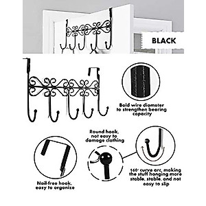 Youdepot Over The Door Hook,Over Door Towel Rack,Over Door Coat Rack,Door Hanger Hook， Behind Back of Bathroom, Towel Hanger 5 Hooks （Black ）