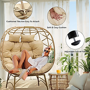 YITAHOME Double Egg Chair with Table 2 Person Wicker Egg Chair Indoor Outdoor Patio Egg Chair with Cushions 617lbs for Patio, Bedroom, Garden and Balcony, Beige