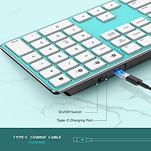 JOYACCESS Bluetooth Multi-Device Wireless Slim Quiet QWERTY Keyboard with Numeric Keypad, Profile Aluminum Keyboard for Laptop, Computer, PC, Windows (Blue & White)