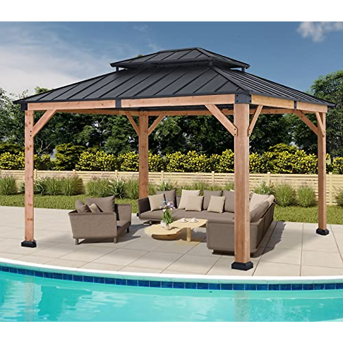 ABCCANOPY Wood Gazebo 11x13 - Outdoor Patio Wooden Gazebo with Hardtop Metal Double Roof for Garden, Backyard and Deck