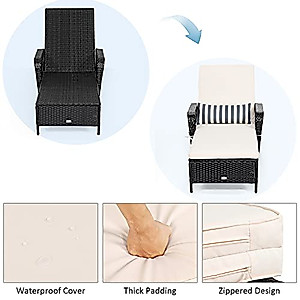 Tangkula 2 Pieces Patio Wicker Chaise Lounge Chair, Outdoor Rattan Reclining Chaise w/ 6-Gear Adjustable Backrest, Thick Padded Cushion & Removable Lumbar Pillow, Ideal for Lawn, Beach, Balcony