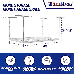 SafeRacks Overhead Garage Storage Rack - Heavy Duty Racks for Garage with 400 lb Capacity, Easy Garage Shelving, Adjustable Storage Rack, Ceiling Mount Storage Shelves 3x6 White (24"-45")