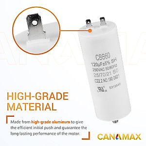 Canamax 120 uf MFD 250 VAC Volts CBB60 Round Motor Run Capacitor 50/60 Hz AC Electric - Exact Fit for OEM Single Phase Motor Capacitors Condenser Straight Cool or Heat Pump Air Conditioner