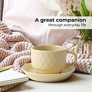 MIAMIO - 6 x 2.5 oz Stoneware Espresso Mug, Cup Set Modern with Stand and Saucers - Palmanova Collection (Magma Red)