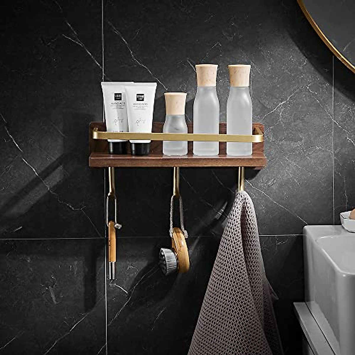 NEWRAIN Shower Rack, Wood Shower Shelves with Hook for Kitchen Toilet Bathroom Shelves Shower Storage Organizer Wall Mounted