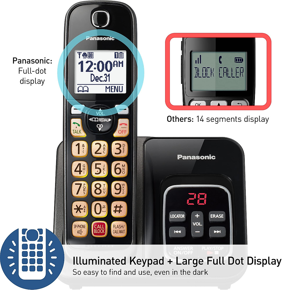 Panasonic Cordless Phone with Answering Machine, Advanced Call Block, Bilingual Caller ID and Easy to Read High-Contrast Display, Expandable System with 3 Handsets - KX-TGD833M (Metallic Black)