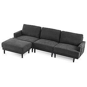 MCombo Sectional Couch Sofa L Shaped Couch for Living Room 3-Seat Dark Grey Sofa for Bedroom Modern Couch Set of 4 for Small Space Apartment Velvet Couch with Ottoman