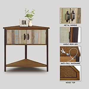 Giofanzo Corner Tables for Living Room, Small Corner Table with Storage Cabinet Table Corner Bar Accent Cabinet with Solid Wood and Metal Frame, Hand-Made Unique Corner Table（Natural Blue）