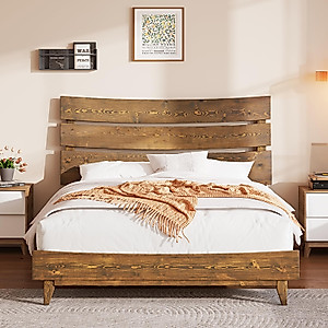 AMERLIFE Queen Size Solid Wood Platform Bed Frame with Wooden Headboard, No Box Spring Needed, Easy Assembly, Caramel