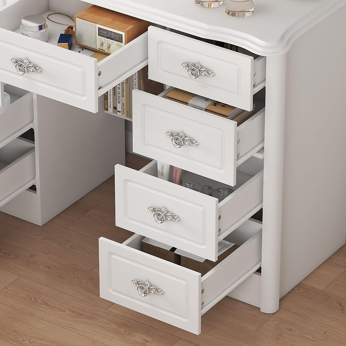 MOUMON Large Vanity Desk with Open Mirror and Lights, Makeup Desk with Drawers and Shelves, Rose-Shaped Crystal Handles, Cushion Stool not Included, White (43.3”W x 18.1”D x 54.1”H)