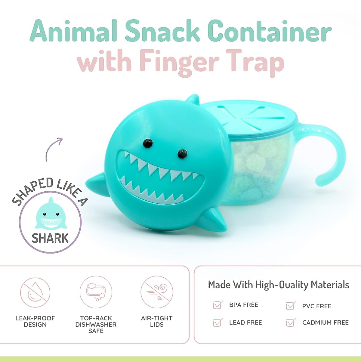 melii Animal Snack Container with Finger Trap, Shark, for Toddlers, Kids and Adult