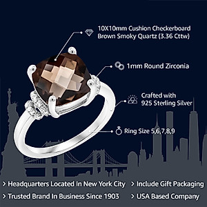 Gem Stone King 925 Sterling Silver Brown Smoky Quartz Engagement Ring For Women (3.36 Cttw, Cushion Checkerboard 10MM, Available in size 5, 6, 7, 8, 9)
