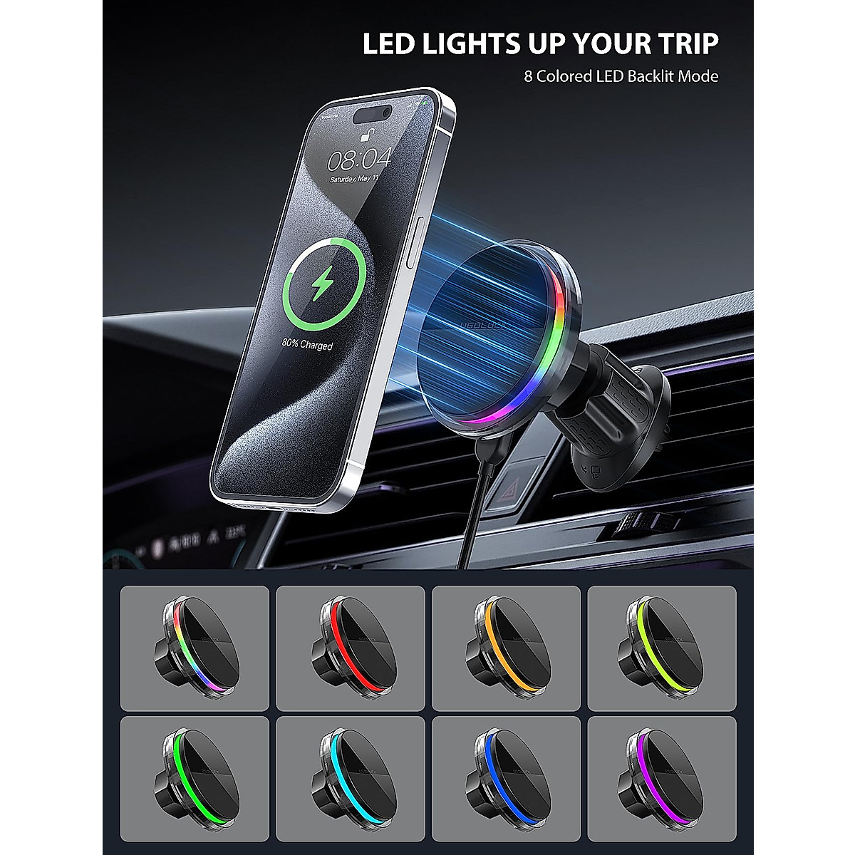 UGDLUCK for Magsafe Car Mount Charger, 15W Magnetic Wireless Car Charger with 8 RGB LED Backlit Magnetic Car Phone Holder Mount for iPhone 15 14 13 12