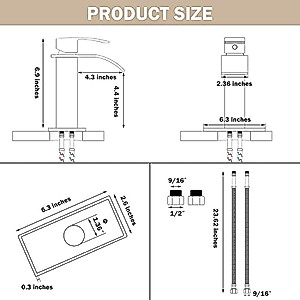 DJS Waterfall Single Handle Modern Bathroom Faucet, Brushed Nickel, 1 or 3 Hole Bathroom Sink Faucet Mixer Tap Washbasin, Faucet with Deck, Pop-up Drain and Supply Hoses