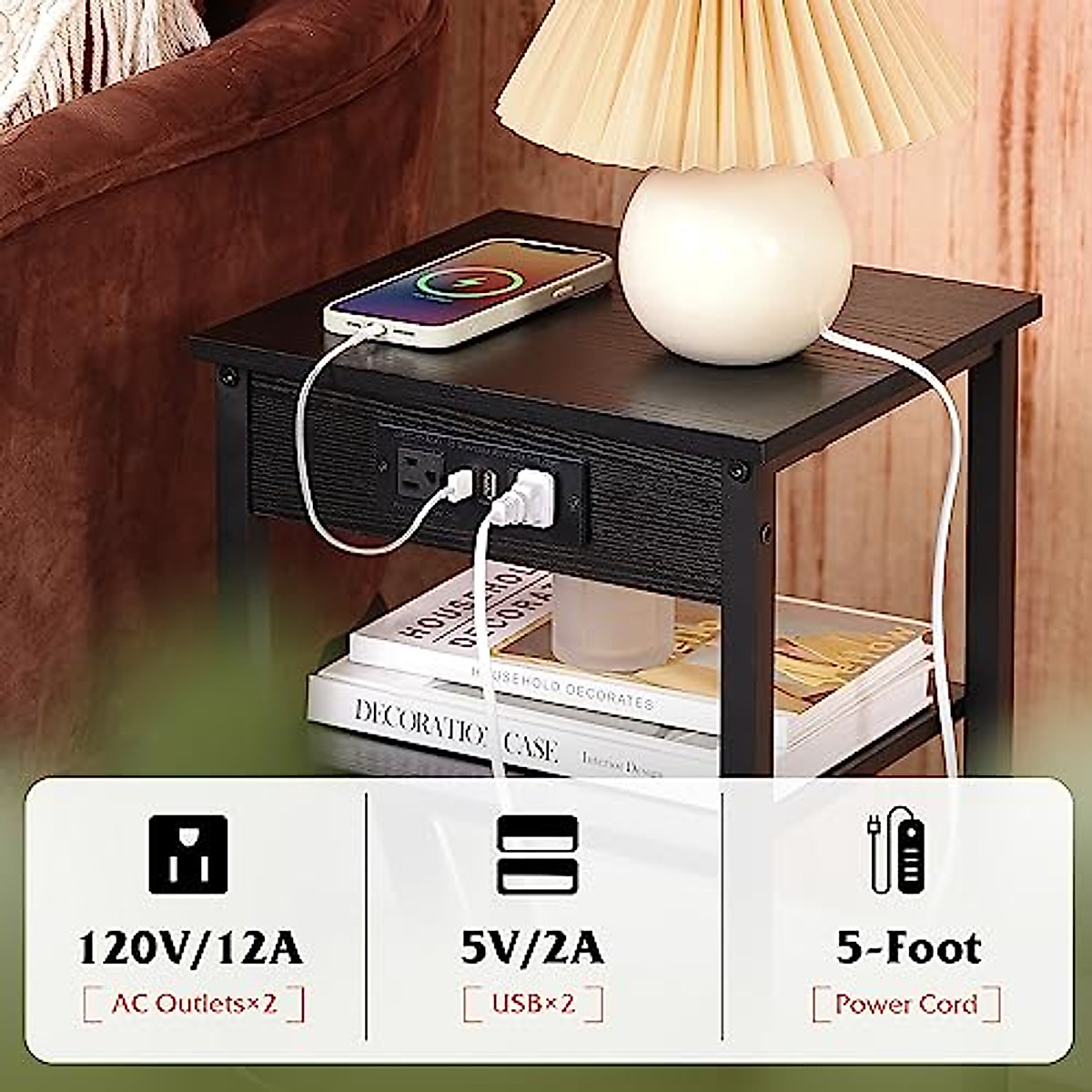 WLIVE End Table with Charging Station and USB Ports, 3-Tier Side Table with Adjustable Shelf, Side Table with Outlet for Small Spaces, Living Room, Bedroom, Black