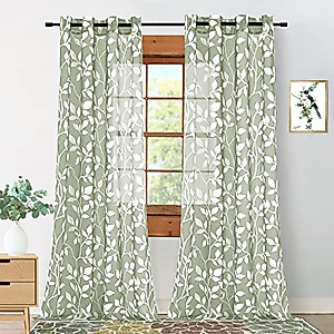 Sage Green Boho Curtains 84 Inch Length for Living Room 2 Panels Set,Natural Leaf Floral Tree Branch Bohemian Design Patterned Neutral Window Sheers for Bedroom,52x84 Inches Long,White Light Green
