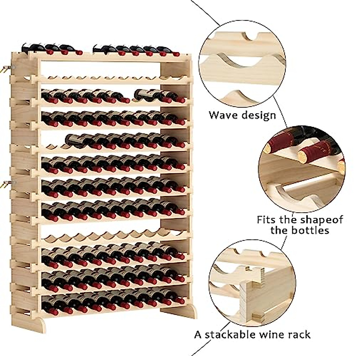 soges 120 Bottle Wine Rack, 12-Tier Stackable Wine Storage Rack, Wine Display Racks Free Standing Wine Shelf Wood Construction for Kitchen and Cellar