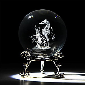 HDCRYSTALGIFTS 60mm(2.4inch) 3D Crystal Decorative Balls 3D Laser Engraved Crystal Seahorse Paperweight Full Sphere Glass Feng Shui Figurine with Silver-Plated Flowering Stand
