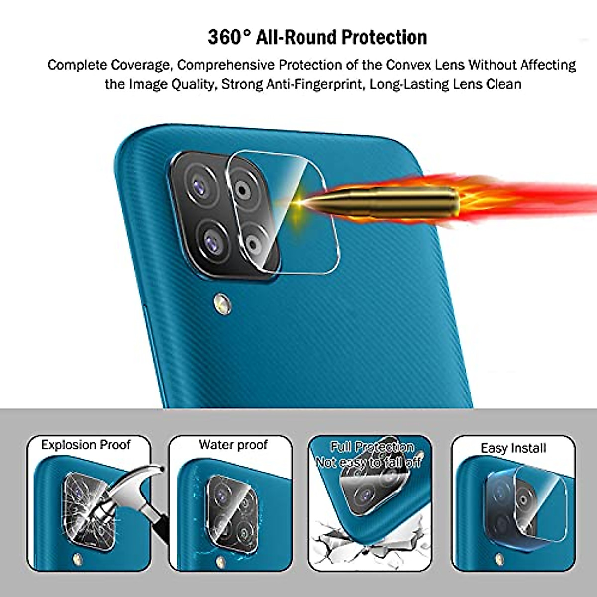 QHOHQ 3 Pack Screen Protector for Samsung Galaxy A12 ＆ A12 Nacho ＆ M12 with 3 Packs Camera Lens Protector,Tempered Glass Film,9H Hardness, HD, Anti-Scratch, 2.5D Edge, Anti-Fingerprint, Easy Install