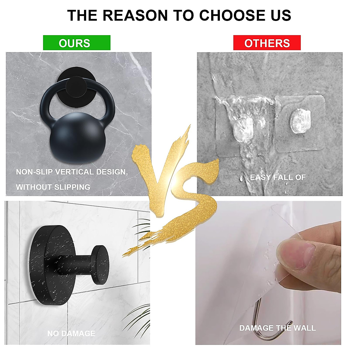 DEMITUMON Suction Cup Hooks for Shower,Bath Towel Hook,Heavy-Duty 304 Stainless Steel Suction Hooks for Bathroom Kitchen,Door,Glass,Mirror,Tile- Easy to Install,Strong Adsorption,Black - 2 Pack