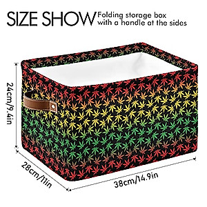 Large Foldable Storage Bin Gradient Marijuana Leaves Fabric Storage Baskets Collapsible Decorative Baskets Organizing Basket Bin with PU Handles for Shelves Home Closet Bedroom Living Room-1Pack