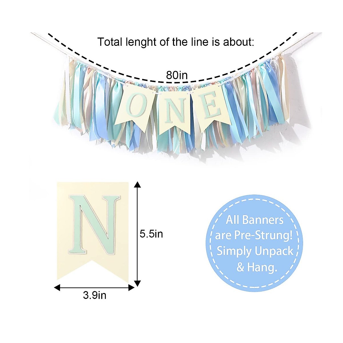 Blue and Green 1st Birthday Banner - Highchair Banner 1st Birthday Boy , Greenery Party Decorations , First Birthday Decorations for Kids , Baby Birthday Party Photo Props(Blue and Green Banner)