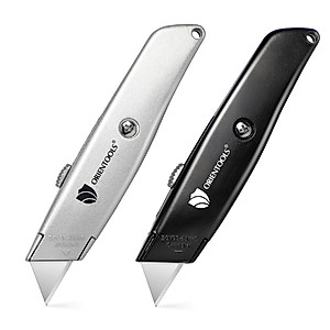 ORIENTOOLS Heavy Duty Utility Knife, Retractable Box Cutter with 3-Position Blade Lock, Sharp and Ergonomic Razor Knife with SK5 Blade, Zinc Alloy Body in Black & Silver (2-Pack)