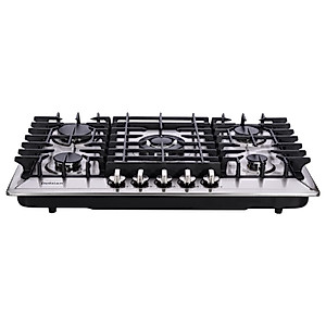 30 Inch Gas Cooktop DT5703 Built-in Stainless Steel 5 Burners Gas Stovetop LPG/NG Convertible Dual Fuel Gas Hob