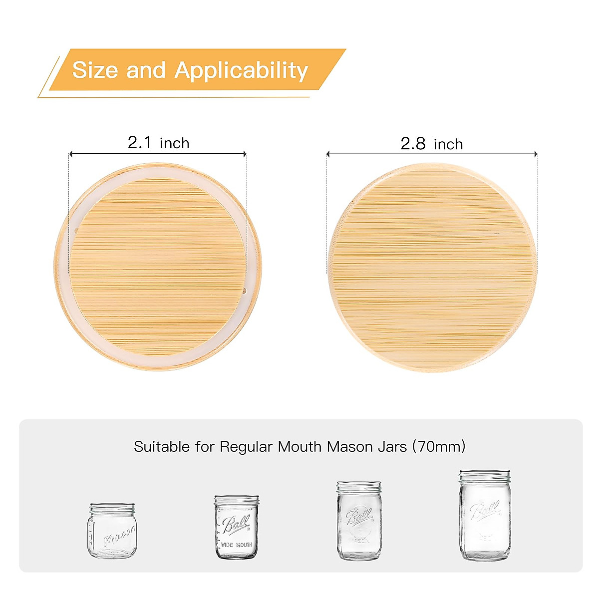 SBMKK Bamboo Lids for Mason Jars Regular Mouth, 2.8inch /70mm Natural Decorative Wood Mason Jar Lids for Storage (regular mouth 6X)