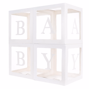 Keencopper Baby Boxes with 12 Letters for Baby Shower, Baby Shower Decorations for Boy Or Girl, 4 Pcs Transparent Balloon Boxes Clear Blocks for 1st Birthday, Gender Reveal Party Supplies Background