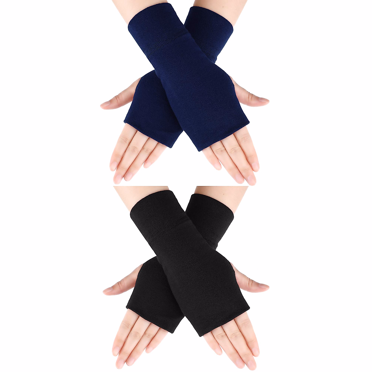 2 Pairs Fingerless Gloves Women Man Stretchy Knitted Gloves Thumb Hole Mittens Wrist Length Arm Warmers (Black, Navy)