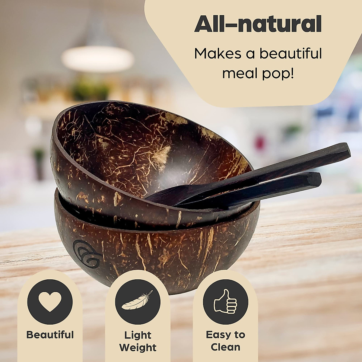 purpleclay Coconut Bowls and Wooden Spoons Set of 2 – Natural, Hand-Crafted, Vegan-Friendly, Salad, Smoothie or Buddha Bowl and Kitchen Utensils (2 Polished Bowls & Spoons)