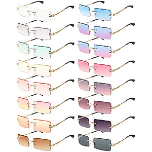 16 Pairs Rimless Rectangle Sunglasses Tinted Frameless Square Glasses Vintage Rimless Eyewear Transparent Candy Color Unisex Glasses for Men Women