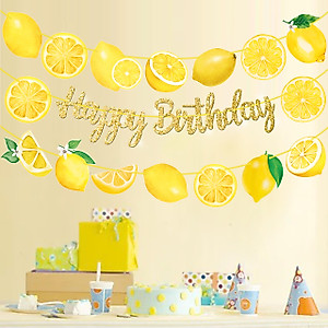 Lemon Happy Birthday Banners Glitter Gold Lemongrass Birthday Party Decorations Yellow Lemon Lemonade Party Decorations for Summer Fruit Birthday Party Lemon Theme Bridal Shower Supplies