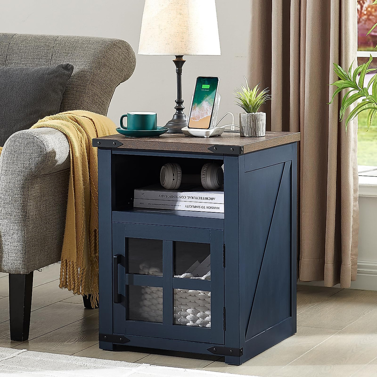 Barnyatoh Farmhouse Nightstand with Charging Station, Rustic End Table with Tempered Glass Barn Door, Wood Sofa Side Bedside Table with Open Storage Shelf for Living Room, Bedroom, Blue