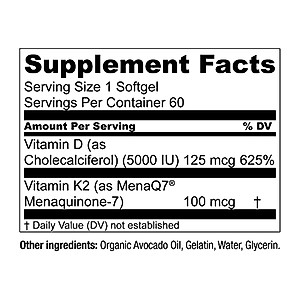 Live Conscious Vitamin K2 MK7 with D3 Supplement by LiveWell | Bone & Heart Health Support - Patented Vitamin K & Vitamin D3 5000 IU - 60 Softgels